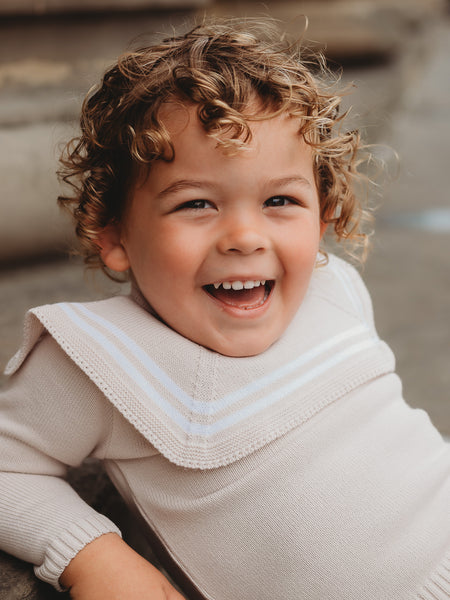 'Thomas' beige & white knitted suit with sailor collar – Rose & Albert